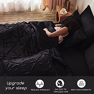 MR&HM Satin Comforter Queen 8 Pieces - Luxurious Pinch Pleat Bedding Set with Comforter, Sheets, Bed Skirt, Pillowcases & Shams, Super Silky Soft Bed Set for All Season (Queen, Black)