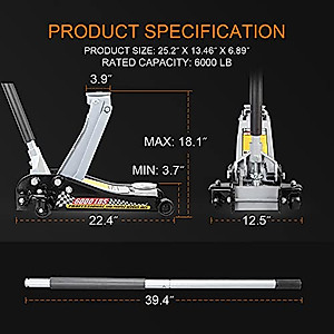 Torin T83505W BlackJack Hydraulic Low Profile Steel Racing Floor Jack with Single Piston Quick Lift Pump, 3 Ton (6,000 lb) Capacity, Black