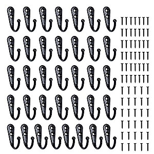 36 Pieces Coat Hooks Wall Mounted Robe Hook Single Coat Hanger No Scratch and 72Pieces Screws Black (Black)