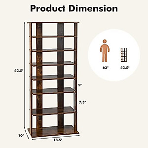 COSTWAY 7 Tiers Shoe Rack, Double Rows Vertical Tall Narrow Patented Shoe Organizer, Free Standing Shoe Rack for Small Space, Entryway, Closet, Living Room, Bedroom (Rustic Brown)