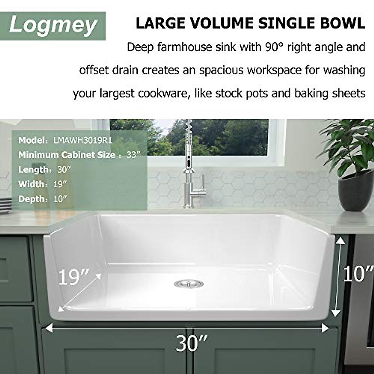 30 White Farmhouse Sink - Logmey 30 inch Kitchen Sink Arch Edge Curved Ceramic Fireclay Apron Front Single Bowl Farm Sink