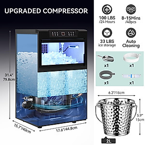 YITAHOME 2 Way Water Inlet Commercial Ice Maker Machine 100LBS/24H with 33LBS Storage Bin, Under Counter Ice Machine Freestanding Ice Maker with Stainless Steel Ice Scoop, Ice Bucket
