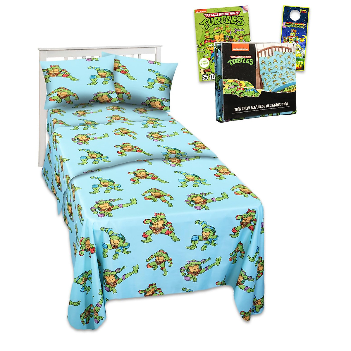 Teenage Mutant Ninja Turtles Bedding Set Toddler Bed - Bundle with TMNT Bed Sheets with Flat Sheet, Fitted Sheet, and Pillowcase for Twin Bed Plus Tattoos, More | TMNT Sheets Twin