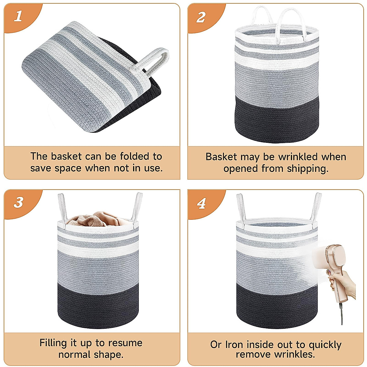 WOWBOX Cotton Rope Laundry Hamper, Large Laundry Basket, Dirty Clothes Storage Basket Laundry Bin for Blanket, Bedroom, Dorm, Towels, Toys (Grey, 58L)