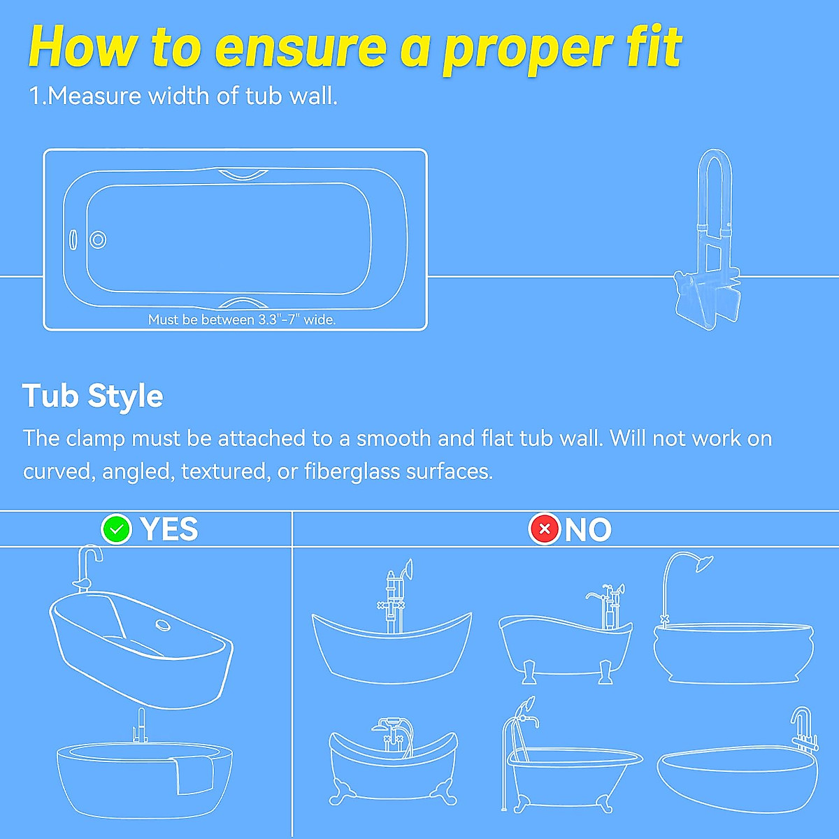 Icedeer Adjustable Bathtub Grab Bars for Seniors, Tub Handle Grab Bar for Elderly Bath Support, Bathtub Safety Rail, White