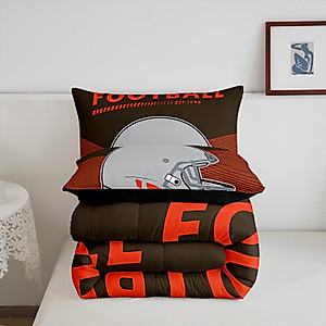 American Football City Comforter Set Football Player Bedding Queen for Kids Girls Boys American Football Helmet Bed Comforter Set Football Sports Duvet Insert Bedroom Decor, Brown Orange(Cleveland)