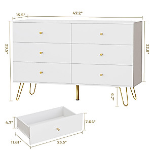 Vrullu White Dresser for Bedroom, Wide Wood 6 Drawer Dressers & chests of Drawers, TV Stand for 55" TV, Modern Storage Drawers for Entryway, Closet, Hallway (1, White)