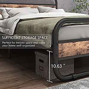 Albearing Queen Size Bed Frame with Wooden Headboard and Footboard, Heavy Duty Oval-Shaped Platform Bed with Under-Bed Storage, Steel Slats Mattress Foundation Round Pipe Design，Brown