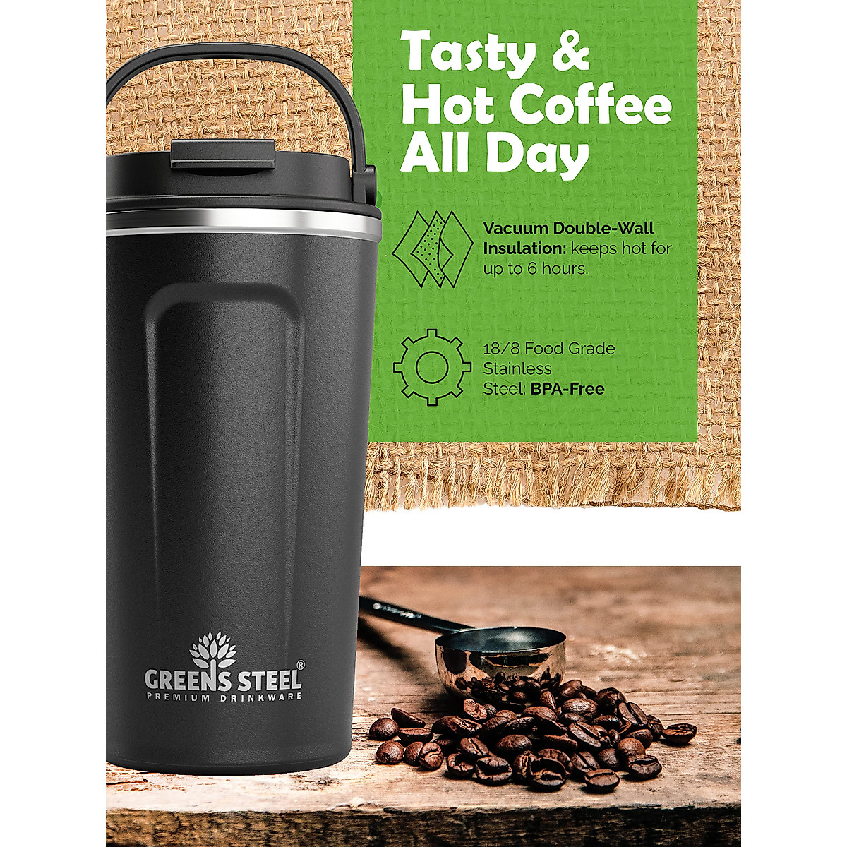 Reusable Coffee Cup with Lid and Handle - Stainless Steel Insulated Coffee Mug for Hot & Cold Drinks - Ideal Travel Mugs - 100% Leak-Proof Tumbler - 16 oz Black