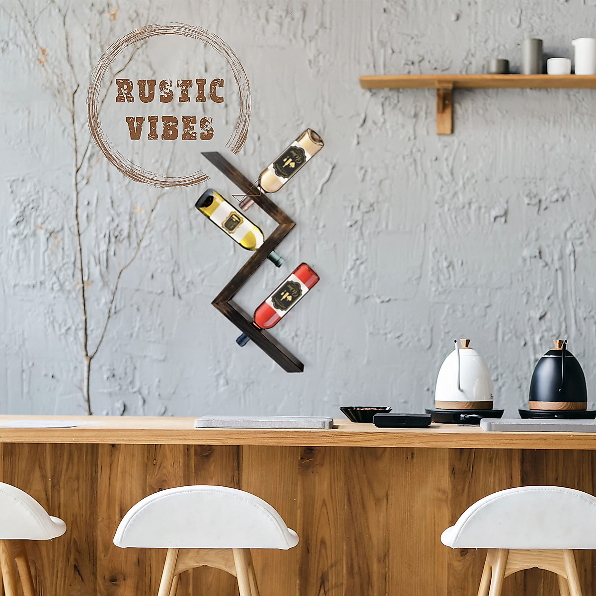 Charmont Wooden Wall Mounted Wine Rack -Rustic Zig Zag Floating Shelves Wine Bottle Holder for Bar, Kitchen Storage, Dining Room, Wedding Gift, Wall Home Décor; 6 Bottles (Dark Walnut)