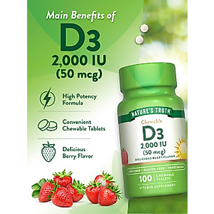 Nature's Truth Chewable Vitamin D3 2,000 IU | 100 Tablets | Berry Flavor | Vegetarian, Non-GMO, & Gluten Free Supplement
