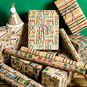 Packanewly Brithday Kraft Wrapping Paper Sheet - 6 Sheets Different Design Reversible Gift Brown Wrap Paper - 17.5 x 30 inches per Sheet