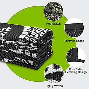 ONME Outdoor Rug RV Mat Recycled 9x18FT Reversible Mats with 8 Corner Loops for Outdoors, Patio, Backyard, Deck, Picnic, Beach, 8 Stakes and Carry Bag Included (Black and White Paisley)
