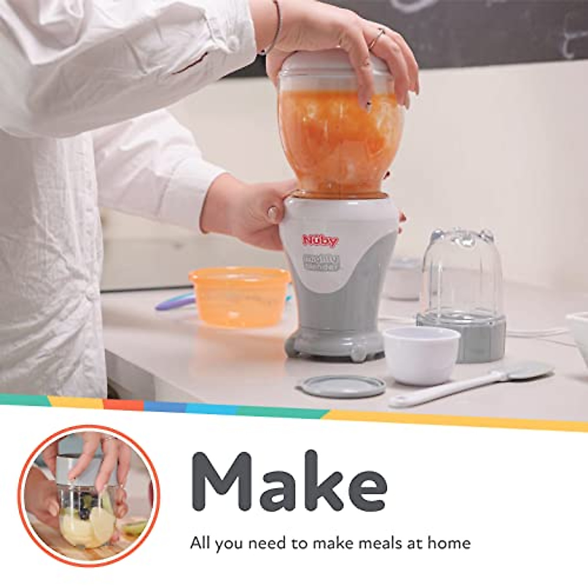 Nuby Mighty Blender with Cookbook - 22-Piece Baby Food Maker Set for Different Baby Weaning Stages - Cool Gray Design