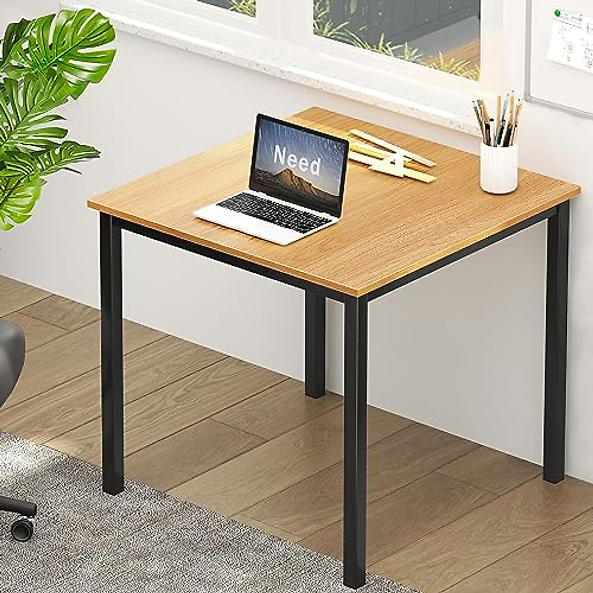 Need Small Square Dining Table- 31-1/2'' Sturdy and Heavy Duty Writing Desk for Small Spaces and Writing Table Desk, Teak Color Desktop & Black Frame AC3BB(8080) Breakroom Table