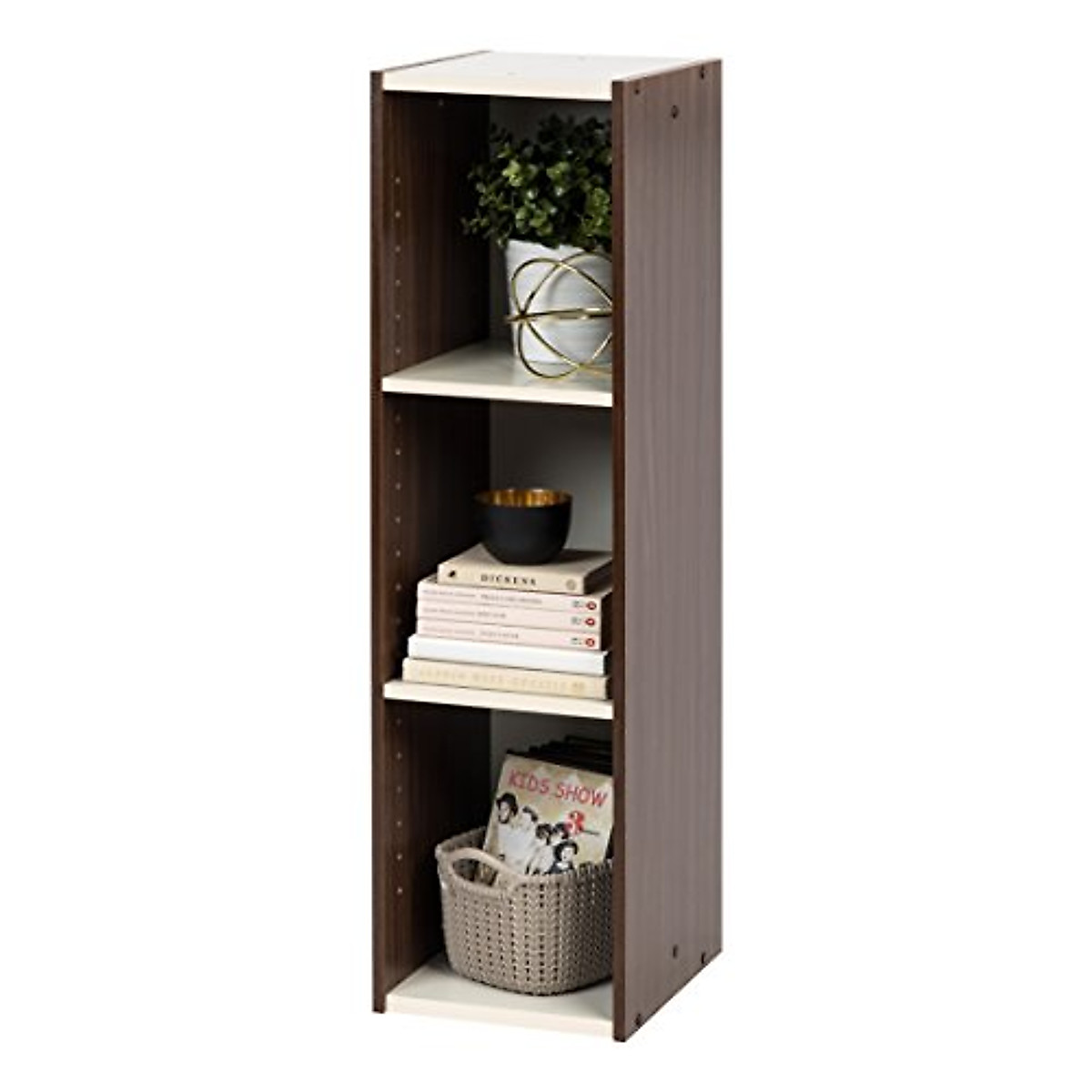 IRIS USA 3-Tier Cubby Storage Bookshelf with Adjustable Shelves, 10" Width Stackable Easy Assembly Space Saving Shelving Unit Bookcase, Walnut Brown/White