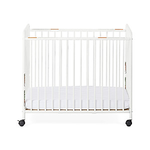 Child Craft Siesta Metal Compact Non-Folding Portable Crib with 2” Crib Mattress and Locking Wheels, Durable Metal Construction, Easy to Clean (White)