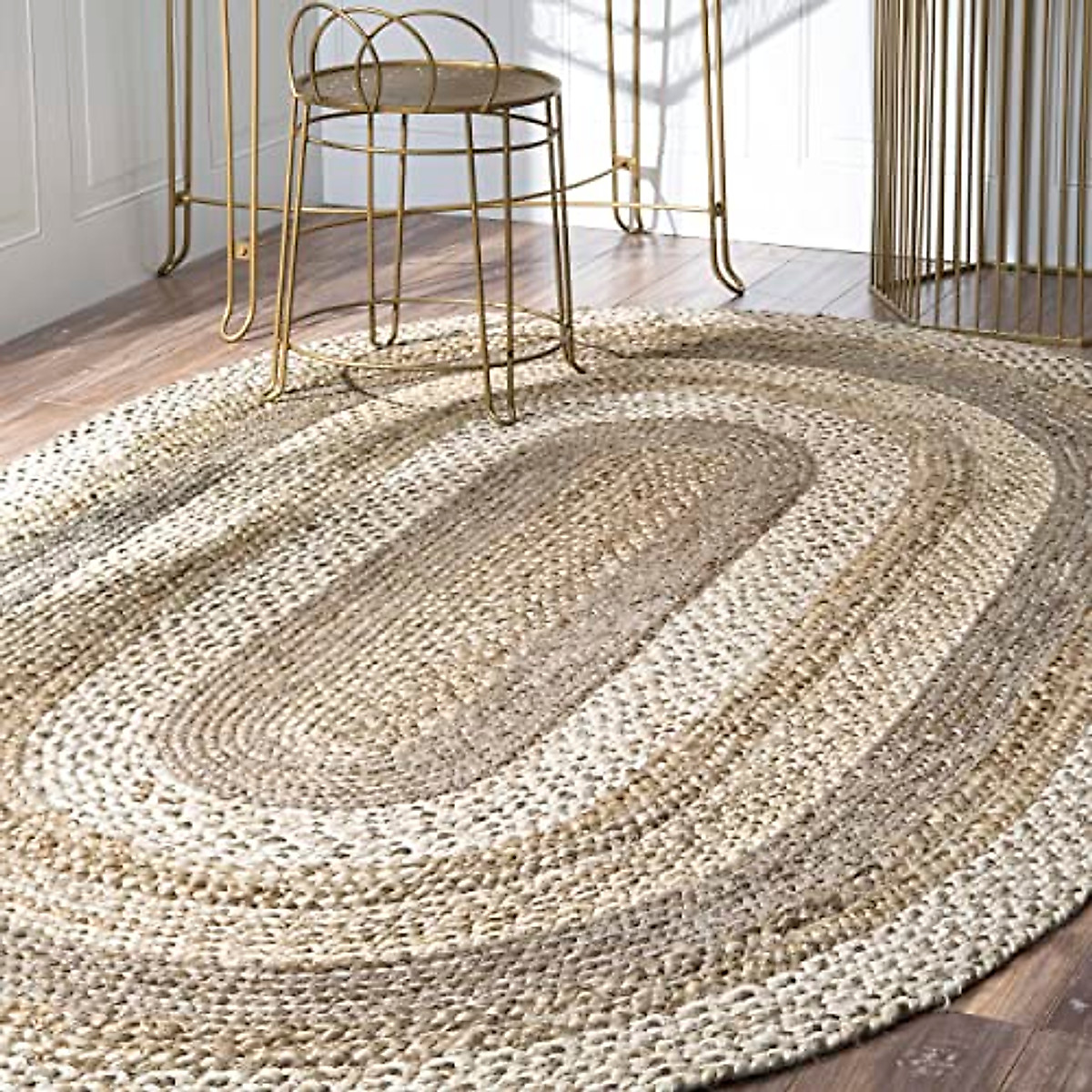 nuLOOM Charlene Braided Border Jute Area Rug, 5' x 8' Oval, Natural