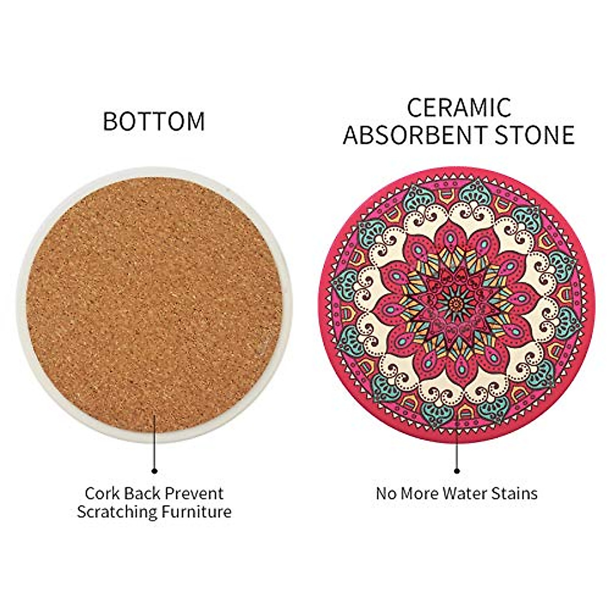 CHEFBEE Set of 8 Coaster for Drinks Absorbent Mandala Ceramic Coasters with Cork Base, Metal Holder, Stone Coasters Set Perfect for Wooden Table, Housewarming, Home and Dining Room Decor