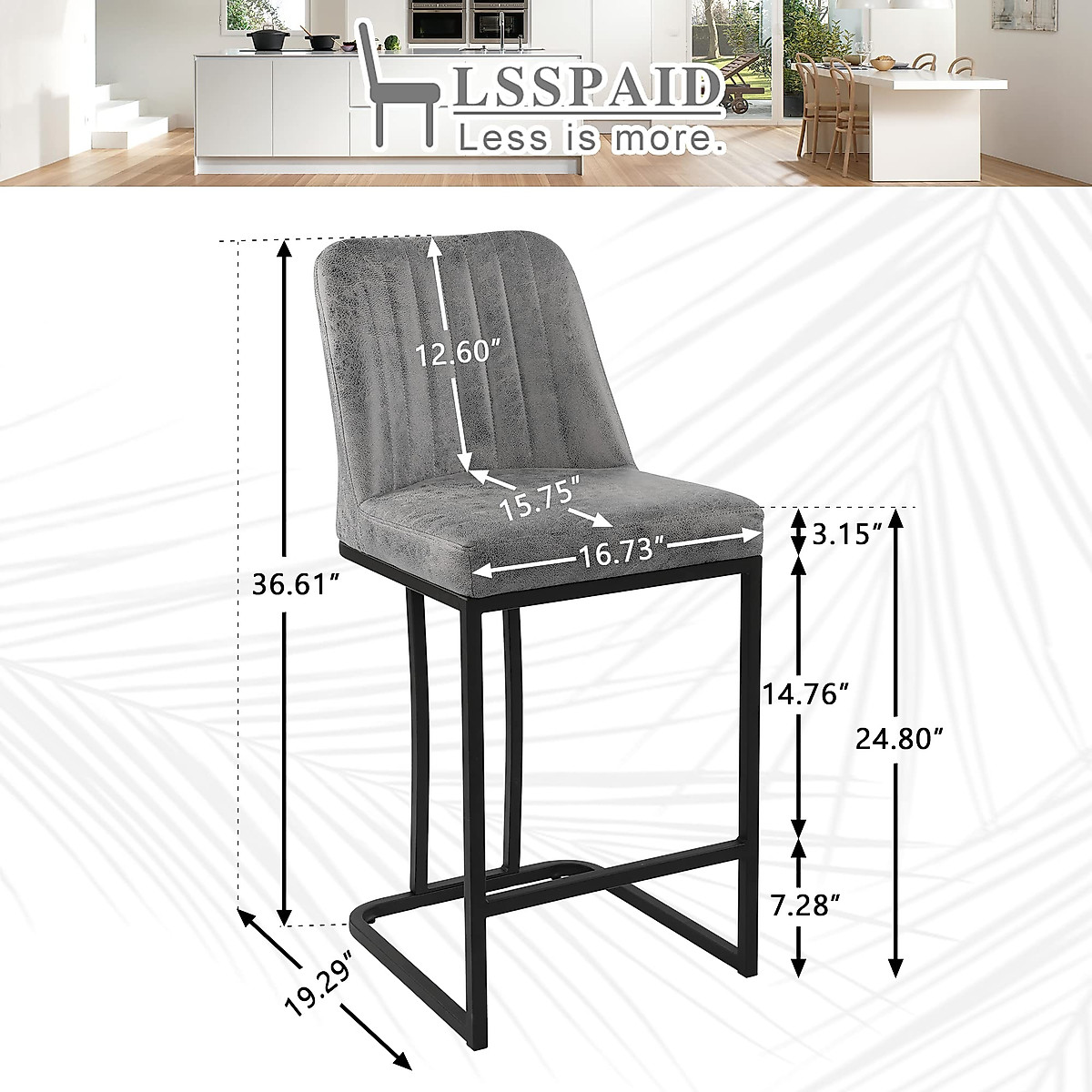 LSSPAID Bar Stools Set of 4, Upholstered Fabric Counter Height Barstools, 24.8 inch Modern Kitchen Island Chairs with Footrest and Black Metal Legs, Grey