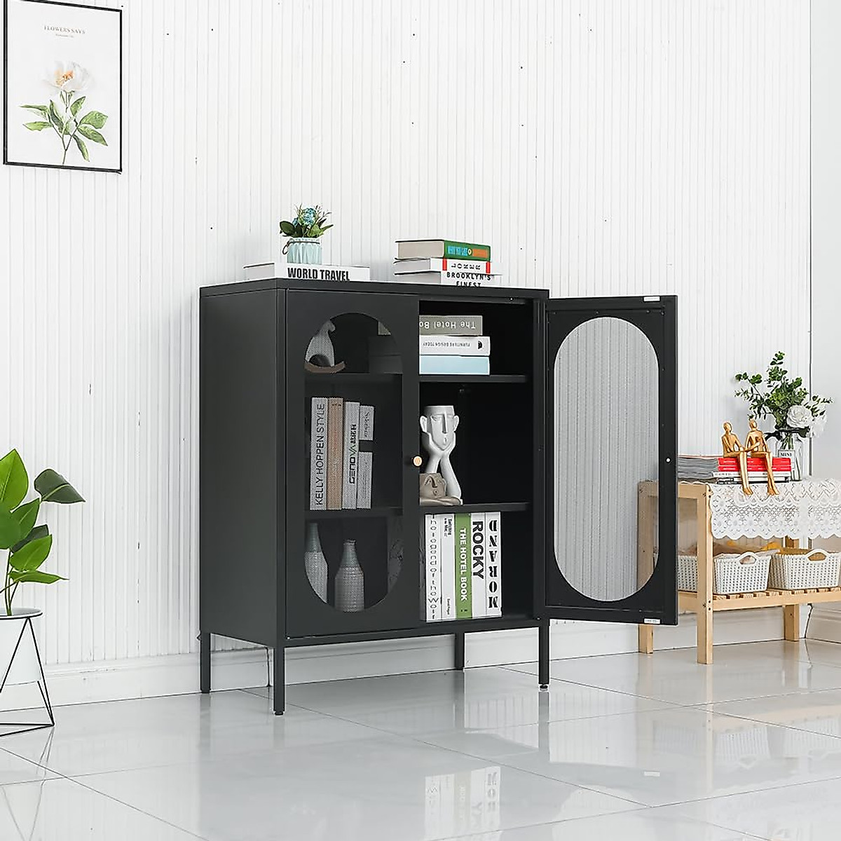 Fumedo 2 Mesh Door Metal Storage Cabinet for Bed Room,Living Room,Home,Hotel,Office,Garage,Kitchen,3-Tier,2 Removable Shelves (Mesh Door Cabinet, Black)