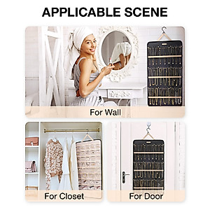 BAGSMART Hanging Jewelry Organizer Storage Roll with Hanger Metal Hooks Double-Sided Jewelry Holder for Earrings, Necklaces, Rings on Closet, Wall, Door, 1 piece, Extra Large, Black