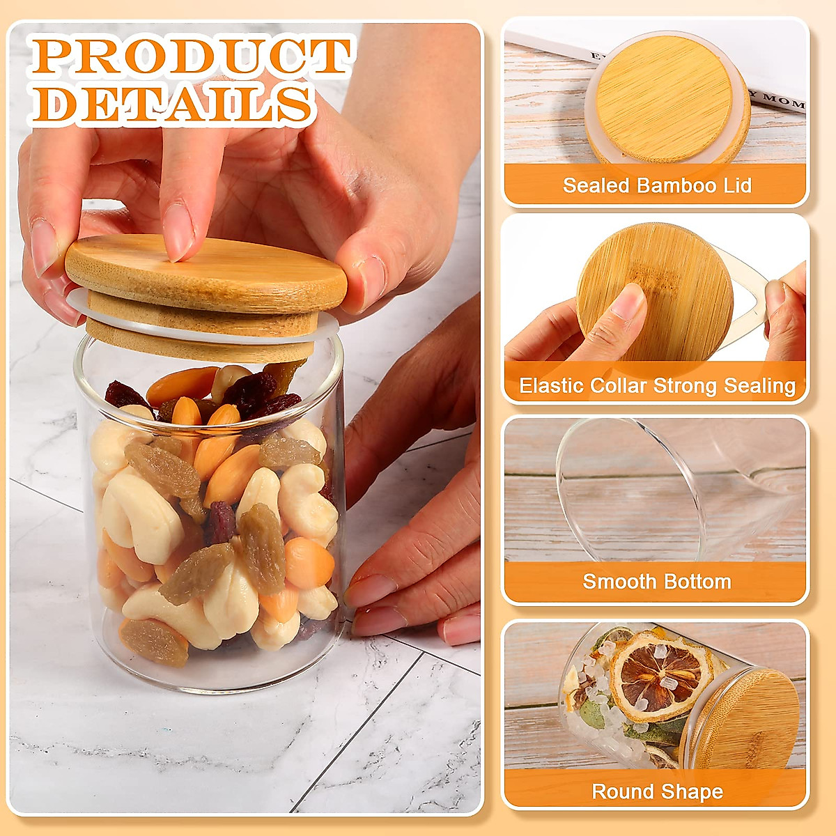 Zubebe 32 Pieces 7 oz Glass Spice Jars with Bamboo Lids and Labels, Large Clear Spice Containers with 660 Spice Labels Airtight Canisters Sets for Kitchen Seasoning Jars Storage Herbal Teas, Coffee