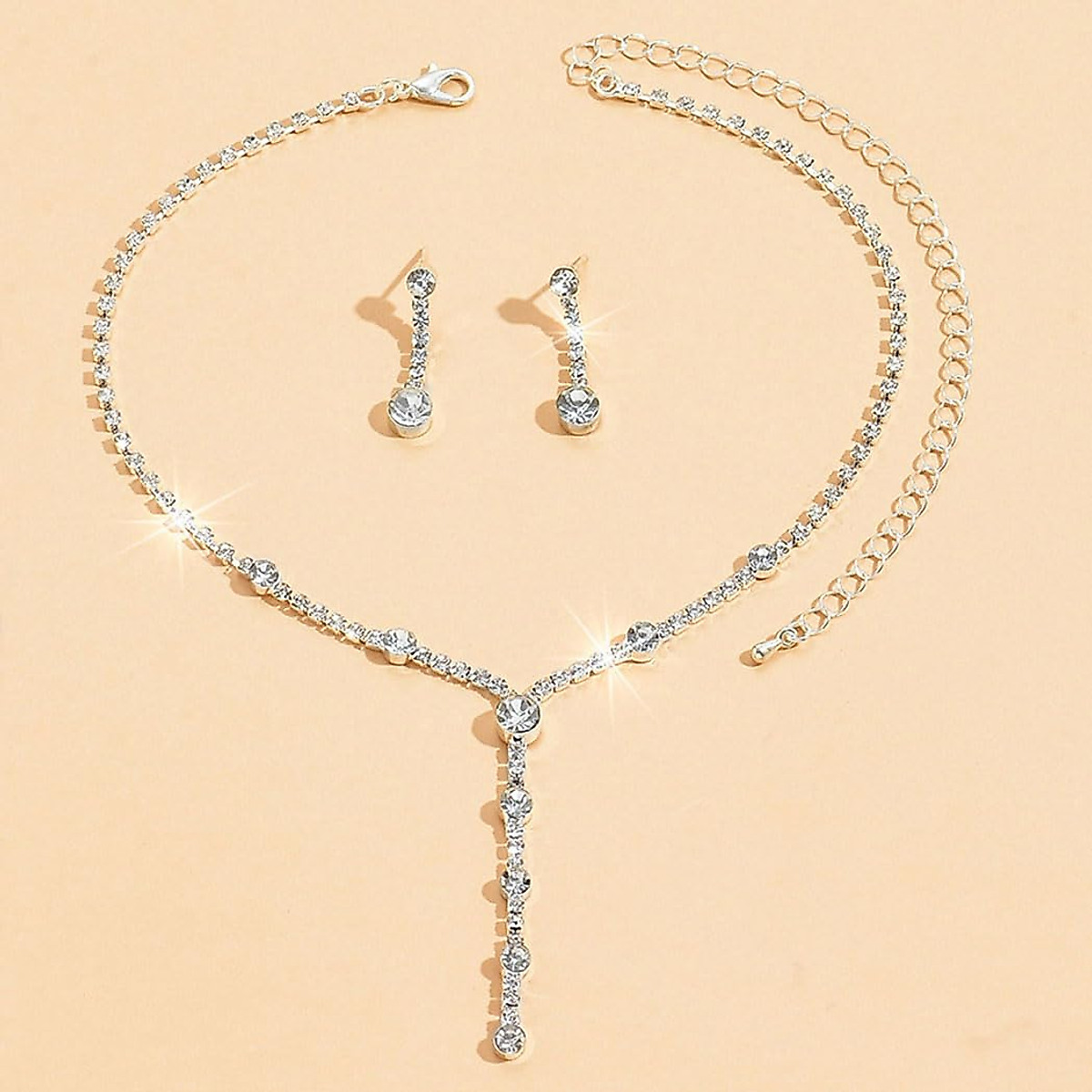 Unicra Rhinestone Bride Necklace Earrings Set Silver Crystal Bridal Wedding Jewelry Sets Prom Costume Jewelry Set Party Choker Necklace for Women and Brides (A Silver)