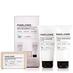 MARLOWE. Best Sellers Kit No. 203, Features Signature No. 102 Original Body Scrub Soap Bar, No. 121 Facial Cleanser & No. 123 Facial Moisturizer, Great Gift for Men