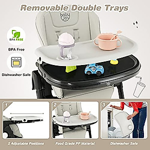 BABY JOY High Chair for Babies & Toddlers, Foldable Highchair with Adjustable Backrest/Footrest/Seat Height, Double Removable Trays, Detachable Seat Cushion, Wheels, Aluminum Frame (Gray)