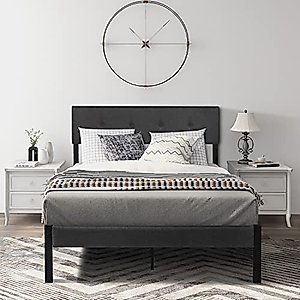 LTMEUTY Full Bed Frame - Metal Platform Bed Frame, Mattress Foundation with Upholstered Headboard, for Boys, Teen, Young, Metal Support and No Box Spring, Gray