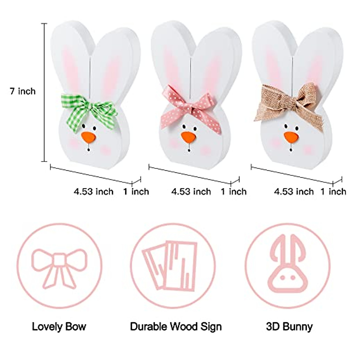 Easter Decorations for the Home, hogardeck 3 Pcs Easter Bunny Table Decor, Wood Sign Rabbit Block Set with Plaid Dot Burlap Bow Wooden Signs Table Centerpiece Farmhouse Decor for Party Fireplace Tiered Tray Tabletop