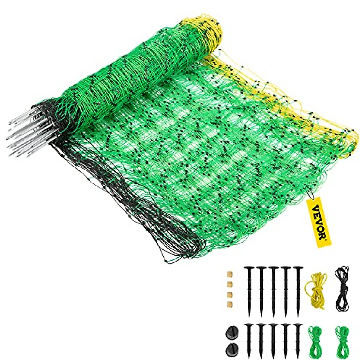 VEVOR Electric Fence Netting, 35.4" H x 164' L, PE Net Fencing with 14 Posts Double Spiked, Utility Portable Mesh for Goats, Sheep, Lambs, Deer, Hogs, Dogs, Used in Backyards, Farms and Ranches, Green