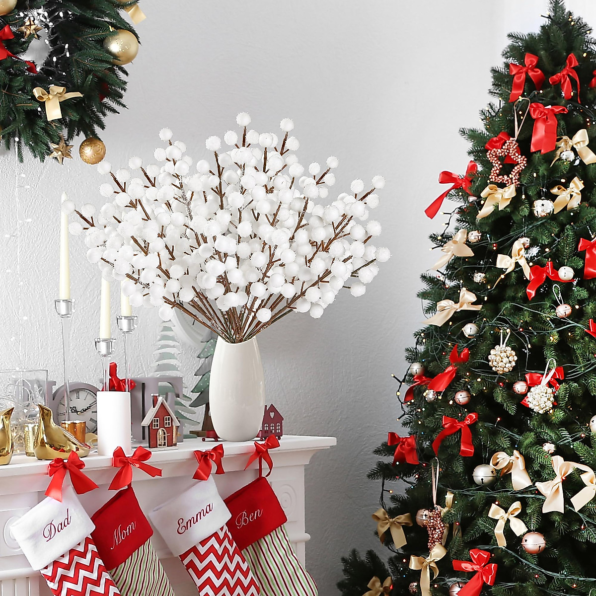 Sggvecsy 30 Pack Snow Frosted Artificial White Berry Stems 8.9inch Snowy Christmas Red Spray Picks Holly Berry Branches for Christmas Tree Decoration DIY Crafts Xmas Ornaments Home Decor (White)