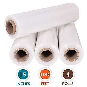 PackageZoom 4 Rolls 18" x 1500 Ft Stretch Wrap Heavy Duty, Industrial Strength Shrink Wrap, 55 Gauge High Performance Stretch Film Replaces 80 Gauge Low Films, Clear Hand Stretch Wrap