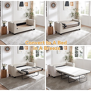 Brelice Pull Out Sofa Bed, Sleeper Sofa Couch, 2-in-1 Convertible Chenille Loveseat with USB Charging Port and Memory Foam Mattress, Full Size Pullout Bed for Living Room, Apartment or Office, Beige