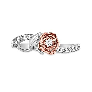 Jewelili Enchanted Disney Fine Jewelry Sterling Silver and 10K Rose Gold with 1/5 CTTW Diamond Belle Rose Ring size 6