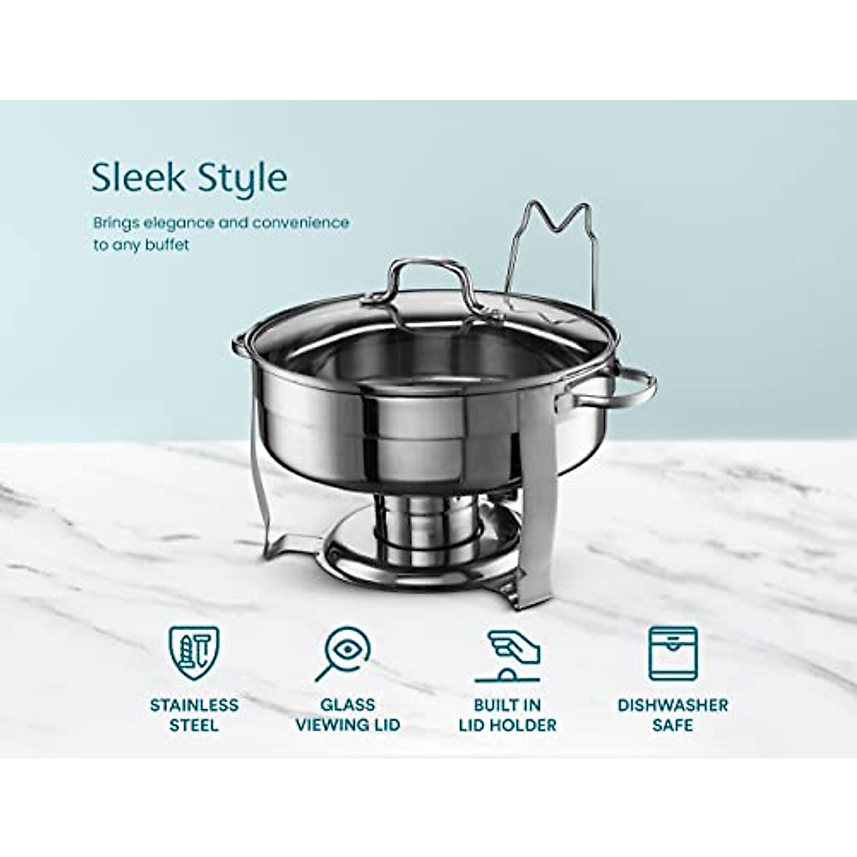 Kook Stainless Steel Chafing Dish Buffet Set, with Glass Viewing Lid and Built-In Lid Holder, Round Food Warming Tray, For Parties, Dinners and Catering, 4.5 Qt