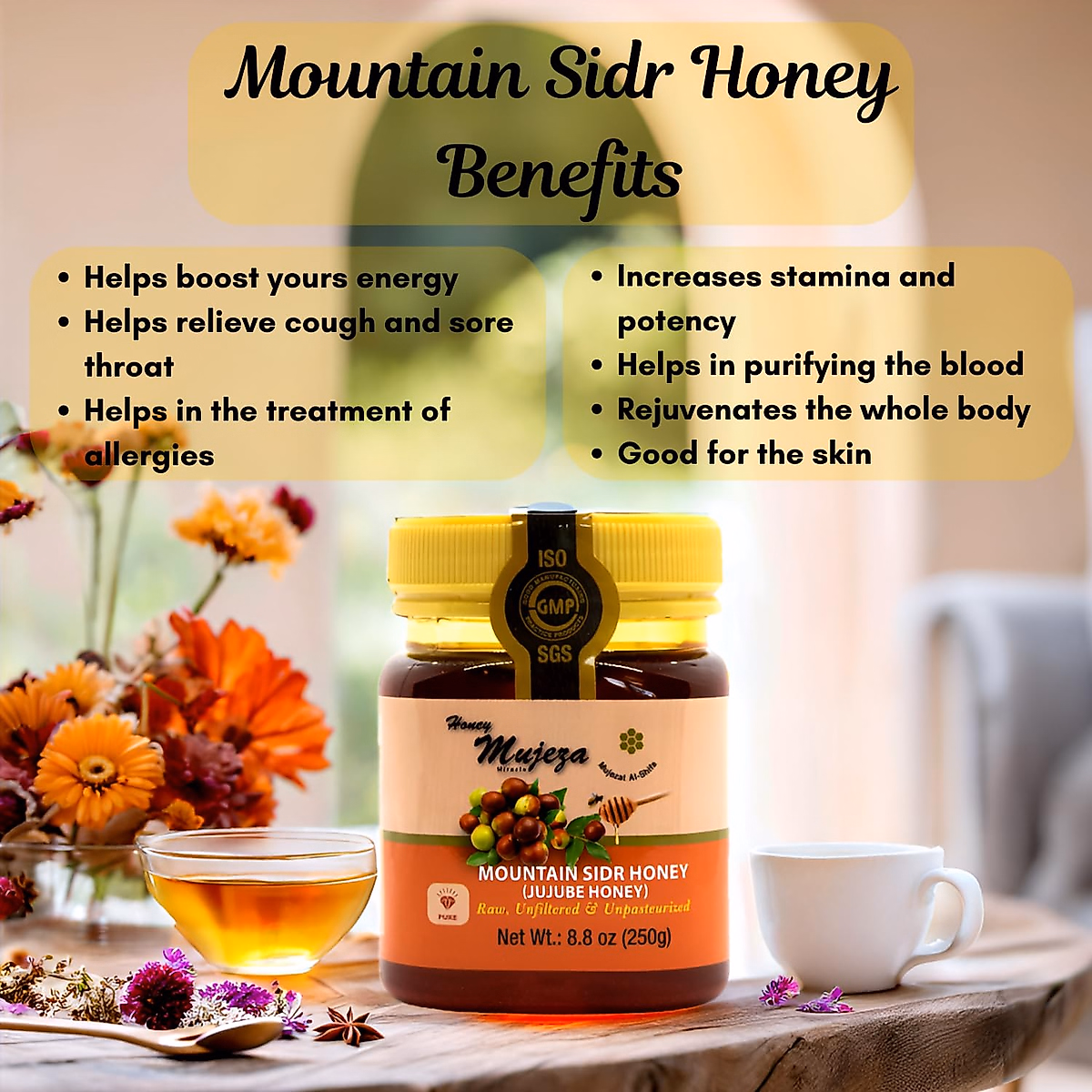 Authentic Mountain Sidr Honey- عسل سدر جبلي أصلي - Jujube Honey, Equal to Manuka Effectiveness Gluten Free 100% Natural Raw Liquid Honey (250g / 8.8oz) عسل المعجزه