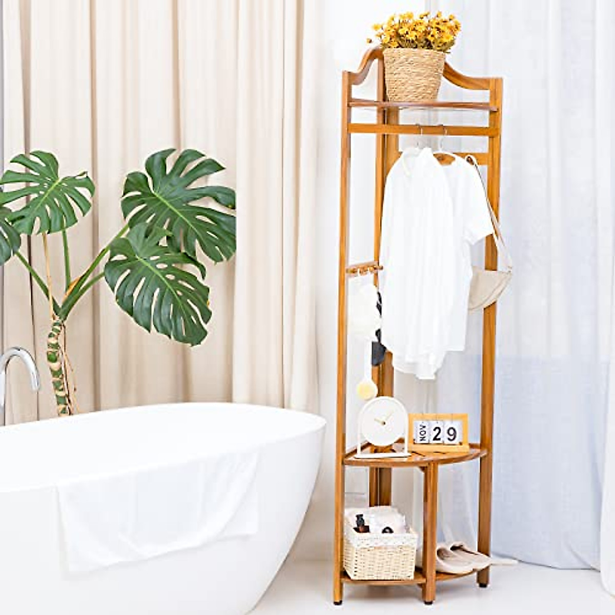 70“ Teak Corner Hall Tree with Shoe Bench,Corner Coat Rack with Bench,Corner Hall Tree,Entryway Coat Rack,Built of Solid Teak.