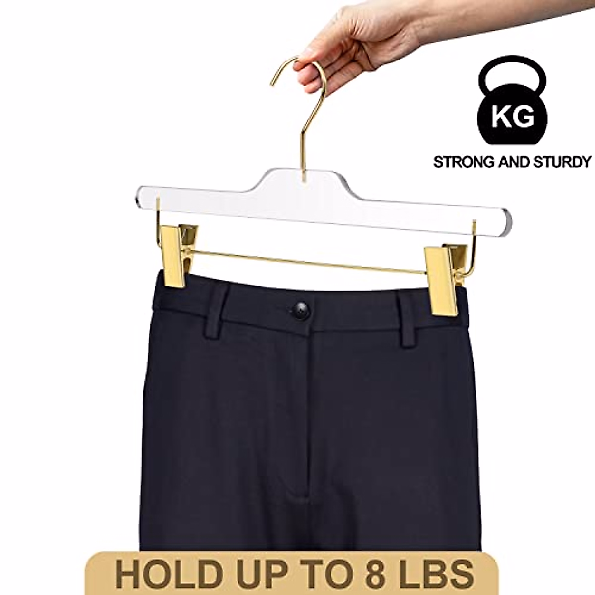 Quality Lucite Acrylic Clear Skirt Pants Trousers Bottom Hangers with Adjustable Metal Clips, Made of Clear Acrylic for a Luxurious Look and Feel with Swivel Hook (Clear/Gold Hook - Pant/Skirt, 5)