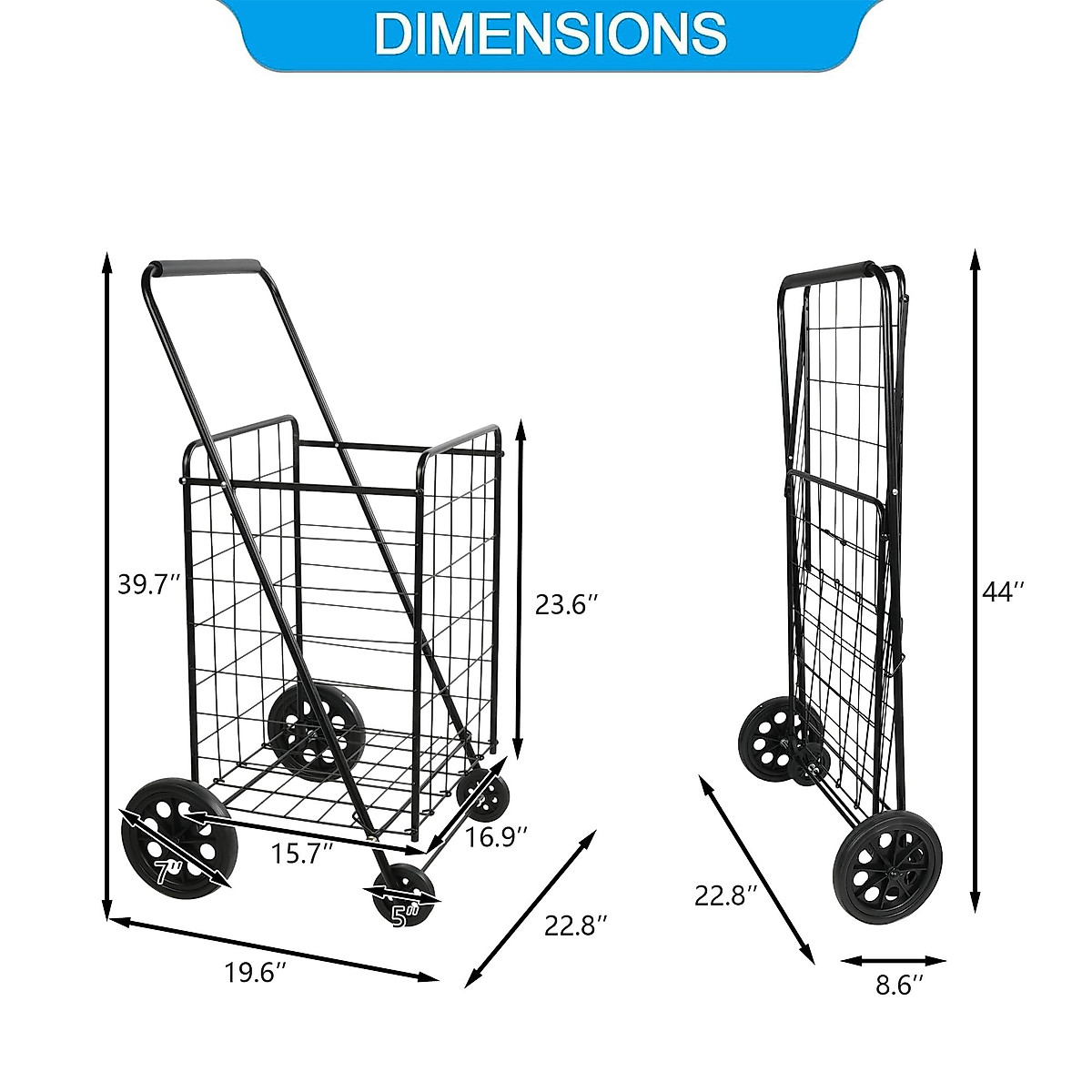 LUCKYERMORE Folding Grocery Shopping Cart with Durable Wheels Collapsible Large Metal Utility Cart for Daily use, Black