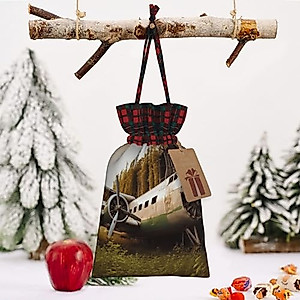 Christmas Gift Bags with Drawstring Burlap Gift Bags Abandoned Plane Christmas Linen Bags for Xmas Party Candy Bags with Cards Xmas Reusable Wrapping Bags Christmas Linen Treat Bags for Holiday