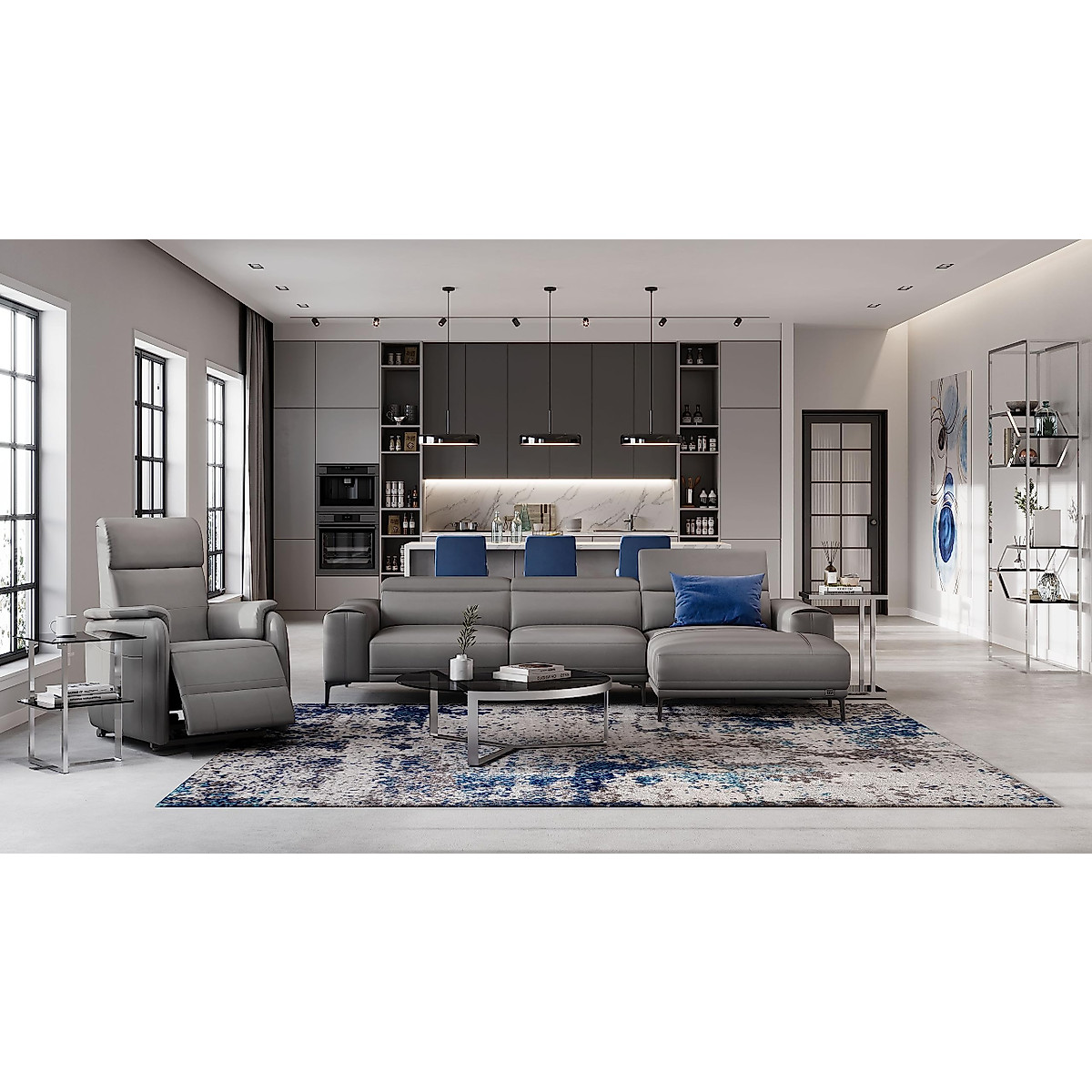 ZURI Rousso Leather Sofa with Ratcheting Headrests - Right Chaise - Slate