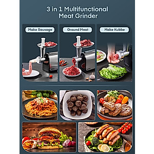 Electric Meat Grinder, Sausage Stuffer with 3 Sausage Tubes, 2 Blades, 3 Plates, 2000W Max, Meat Grinder Heavy Duty for Home Kitchen Use, Stainless Steel (Black)