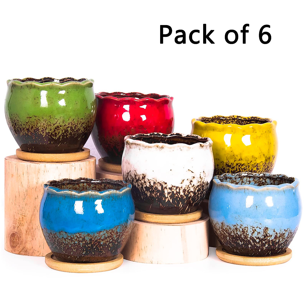 ARTKETTY Succulent Pots - 4 Inch Ceramic Succulent Planters with Drainage Tray Set of 6, Small Cactus Pots for Indoor Plants Colorful Flower Plant Pots for Desk Windowsill