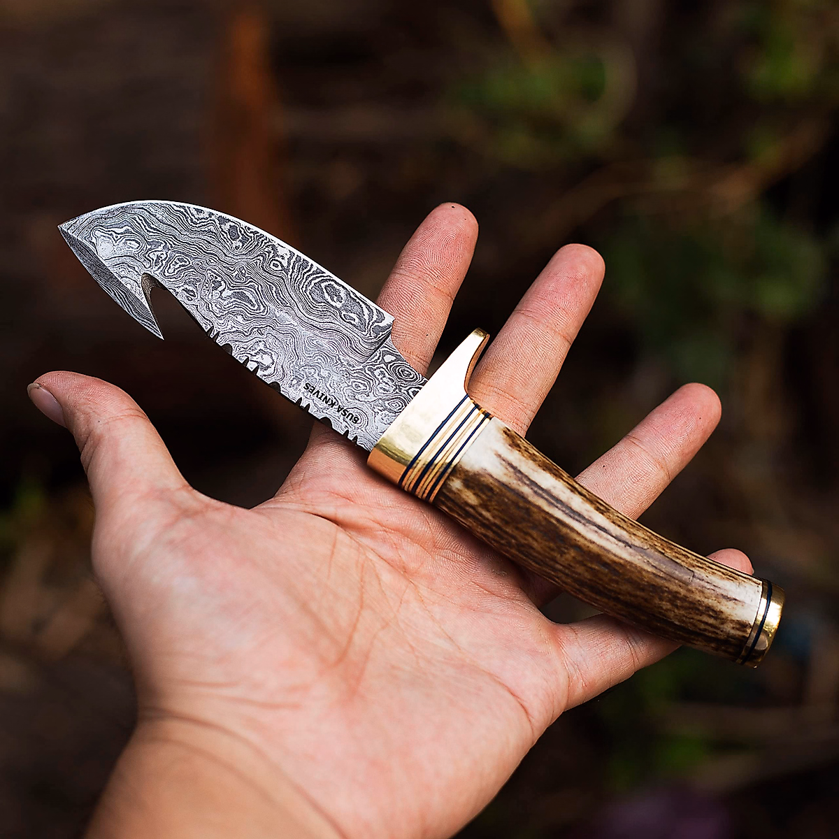 SUSA KNIVES Damascus Steel Gut Hook Hunting Knife Fixed Blade STAG Horn Handle EDC Survival Knife for Men - Fixed Blade