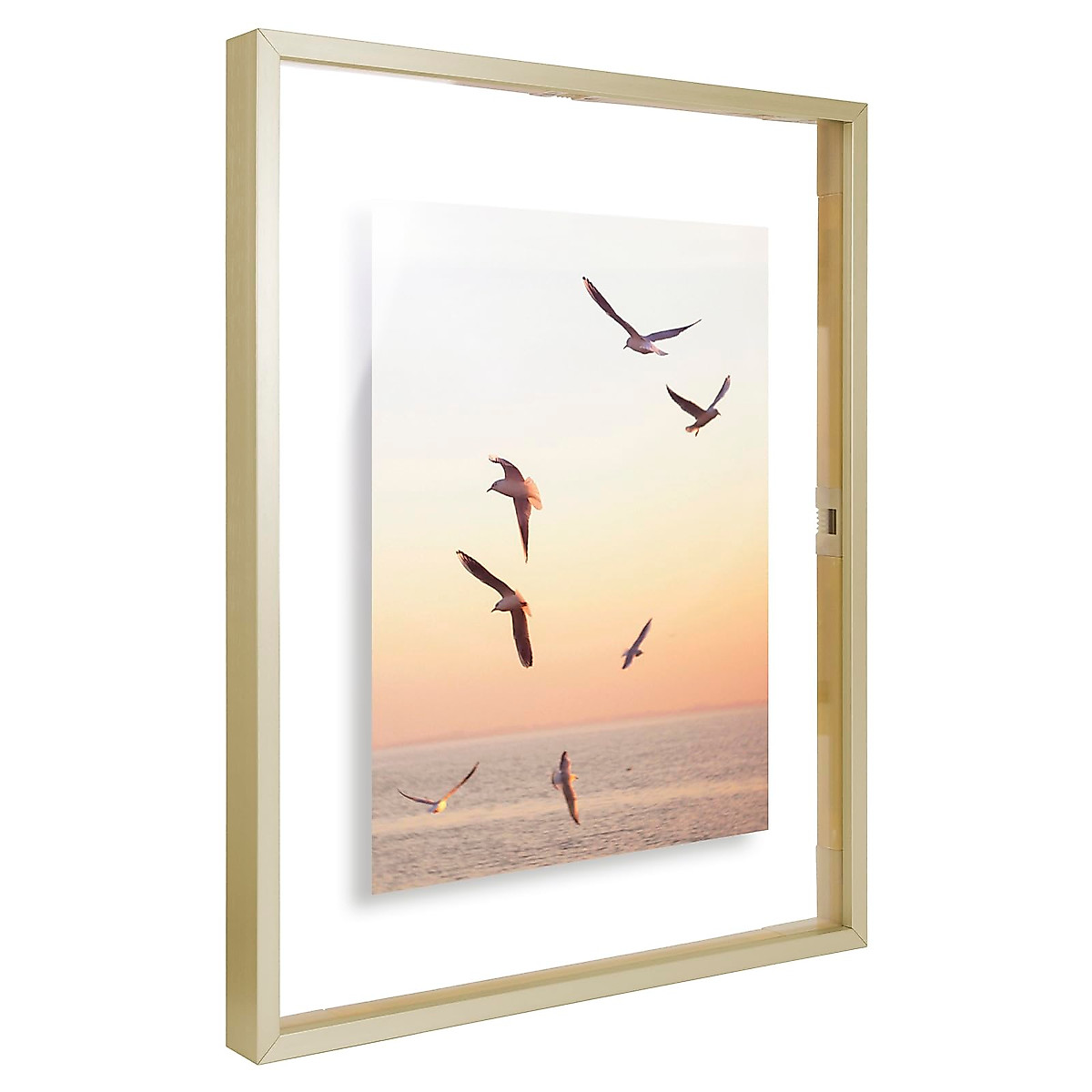 Frametory, Floating Picture Frame 11x14 - Gold Aluminum Metal Photo Frame - Real Glass of Front - for Wall Mount Displays