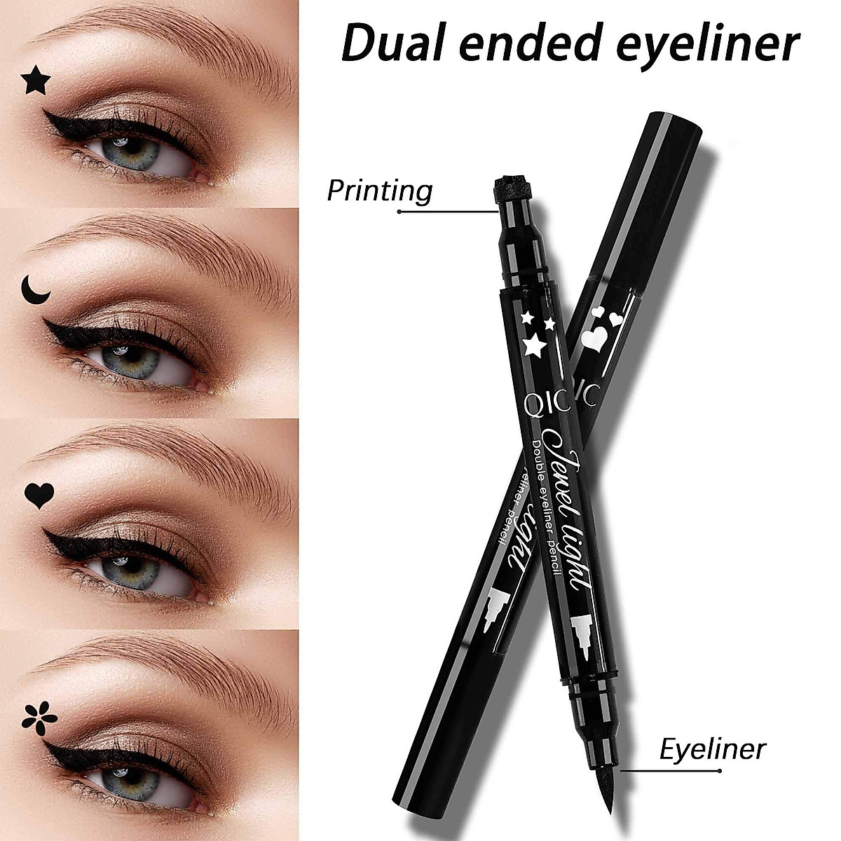 ALINICE Double-sided Liquid Stamp Eyeliner Pen, Two colors Pencil with Eye Makeup Stamp Waterproof Double Sided Long Lasting Seal Eyeliner, Heart,Star,Moon,Flower (4PCS)