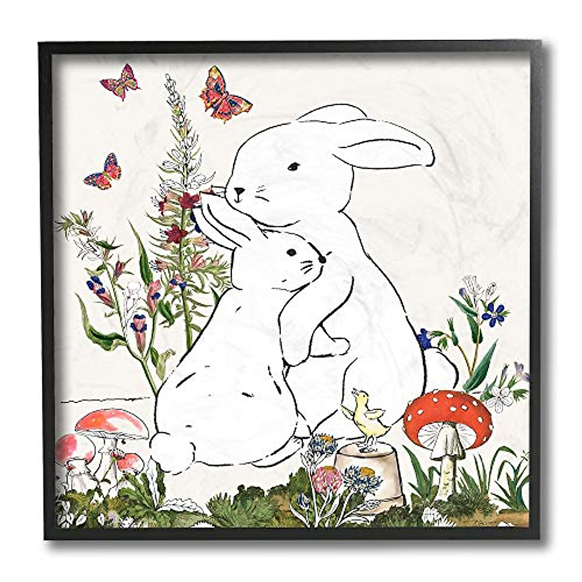 Stupell Industries Rabbit Hugs in Spring Meadow Butterfly Garden, Design by Sangita Bachelet Black Framed Wall Art, 12 x 12, Off- White